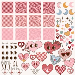 Retro Valentine’s Day Clipart Set - Peace Heart Daisy Love Potion Disco ...
