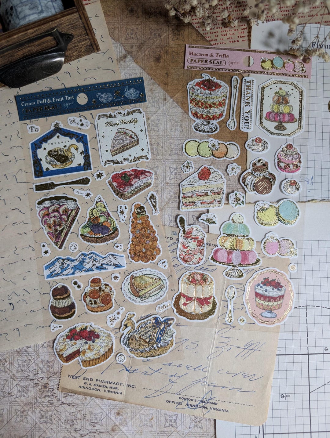 Macaron & Tart Stickers: Gold Foil Dessert Seals - Japanese Paper - Etsy