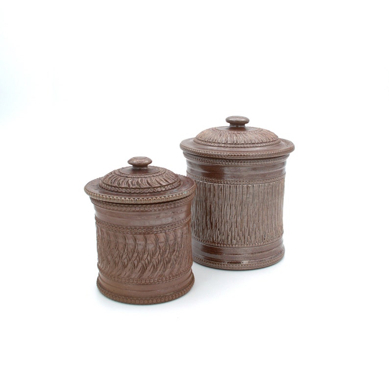 Set of 2 Ceramic Containers With Lid | Carved Ceramic Storage ...