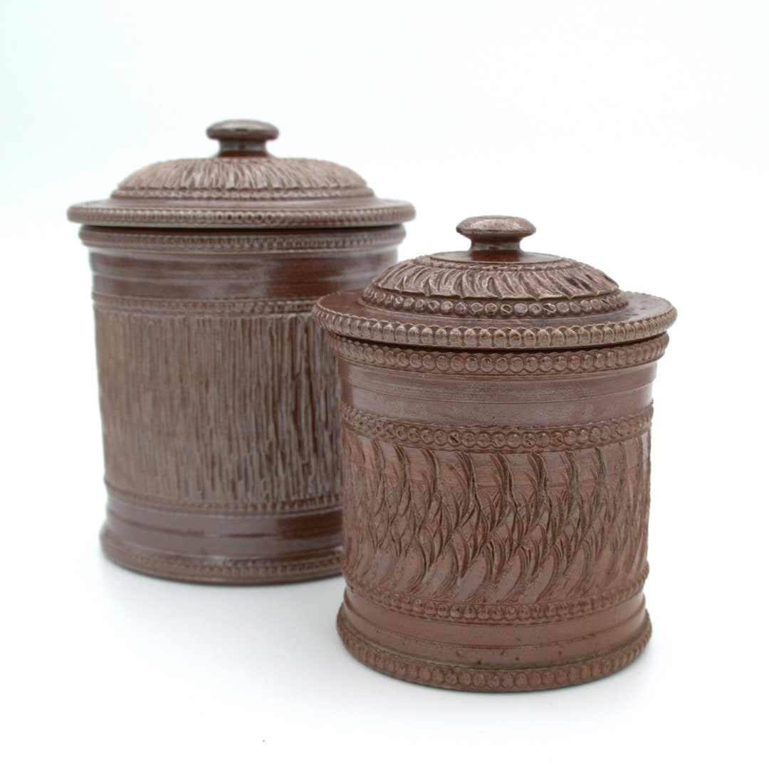 Set of 2 Ceramic Containers With Lid | Carved Ceramic Storage ...
