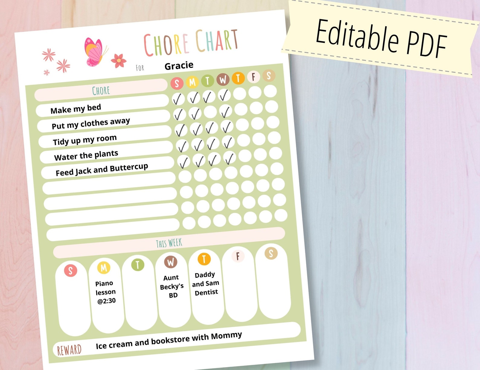Chore Chart for Kids, Editable Printable Responsibility Chart for Girls ...