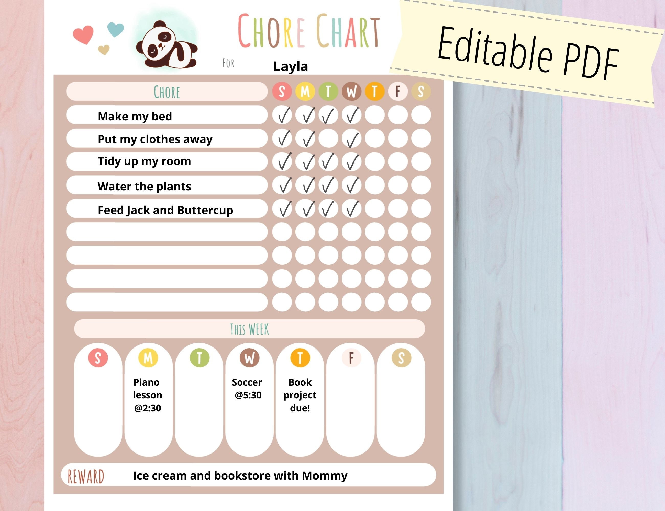 Chore Chart for Kids, Cute Responsibility Chart, Printable Editable ...