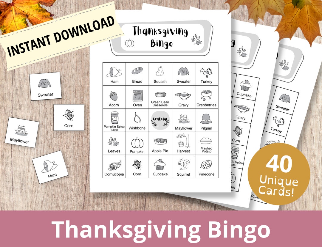 Thanksgiving Bingo, 40 Unique Bingo Cards, Thanksgiving Games and ...