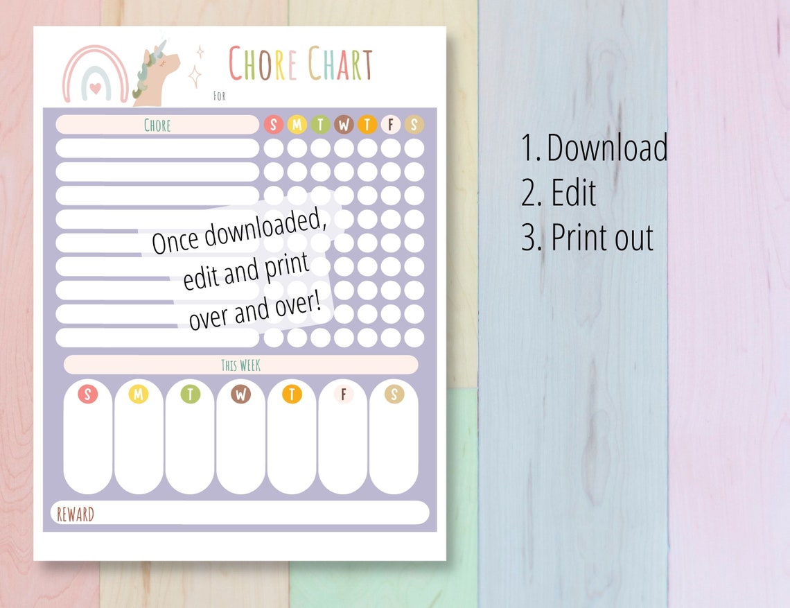 Printable Unicorn Chore Chart, Kids Editable Responsibility Chart ...