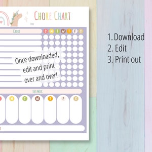 Printable Unicorn Chore Chart, Kids Editable Responsibility Chart ...