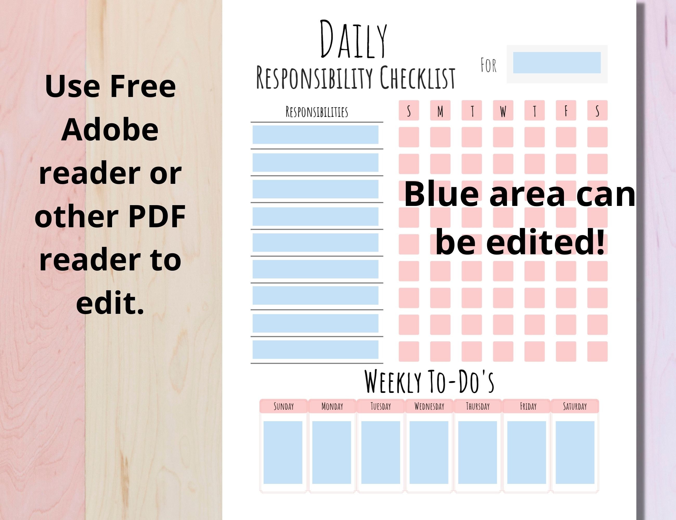 Printable Responsibility Chart, Routine Checklist, Editable, INSTANT ...