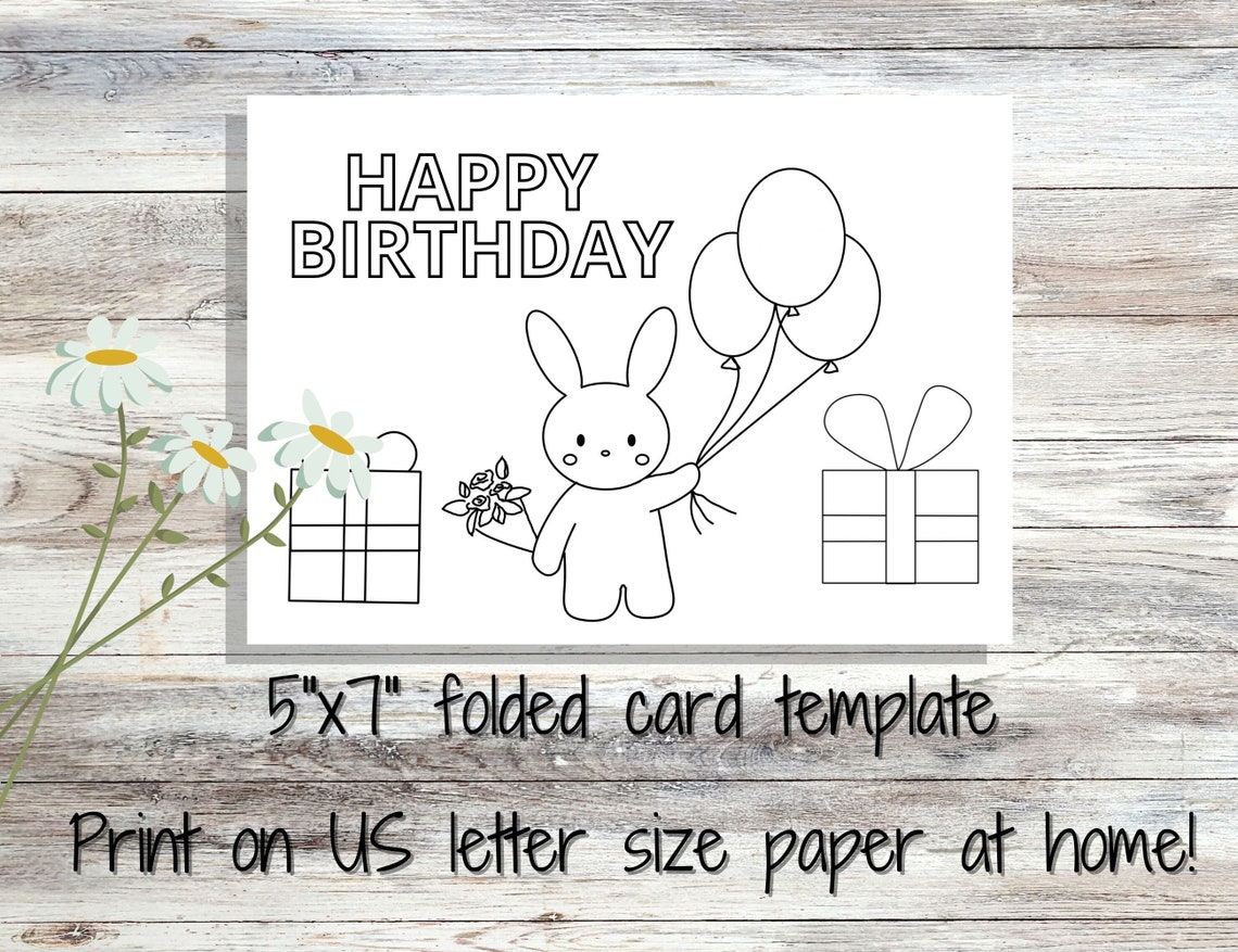 Printable Happy Birthday Coloring Card for Kids, Bunny Coloring ...