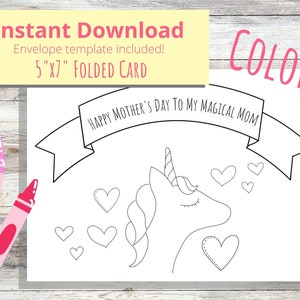 Happy Mother's Day Card Coloring for Kids, Printable, Unicorn Mom ...