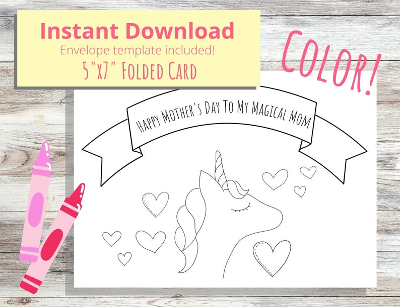 Happy Mother's Day Card Coloring for Kids, Printable, Unicorn Mom ...