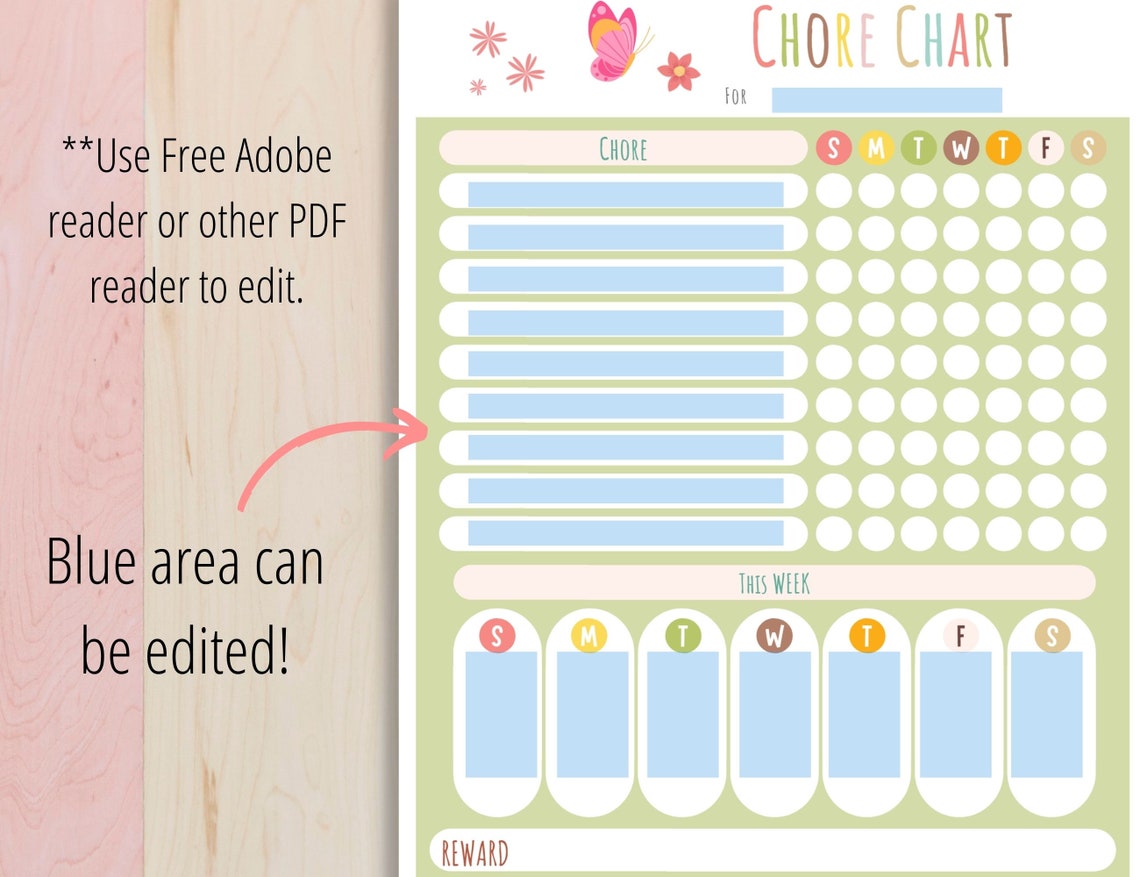 Chore Chart for Kids, Editable Printable Responsibility Chart for Girls ...