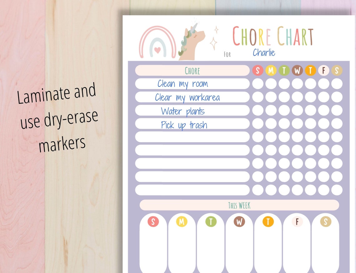 Printable Unicorn Chore Chart, Kids Editable Responsibility Chart ...