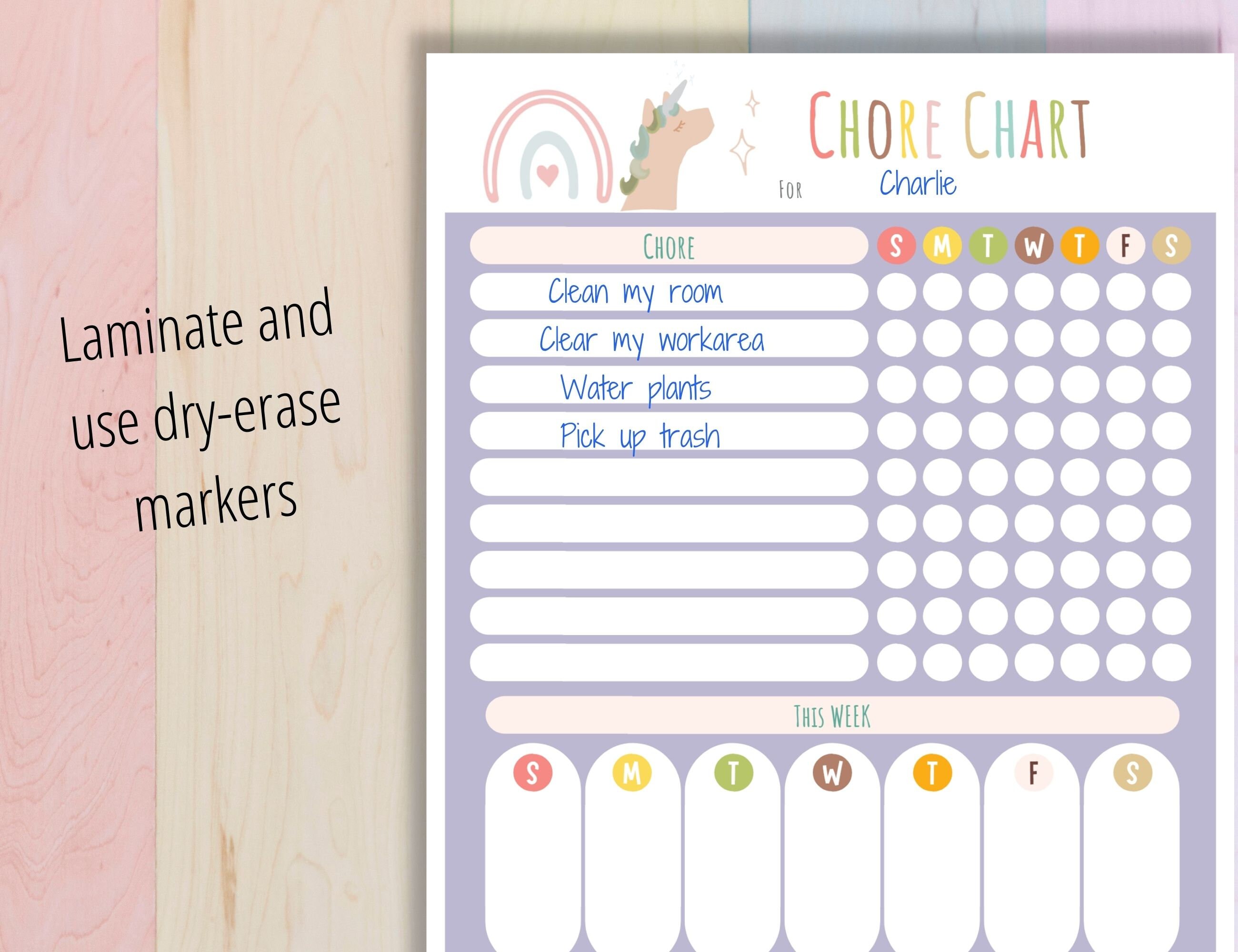 Printable Unicorn Chore Chart, Kids Editable Responsibility Chart ...