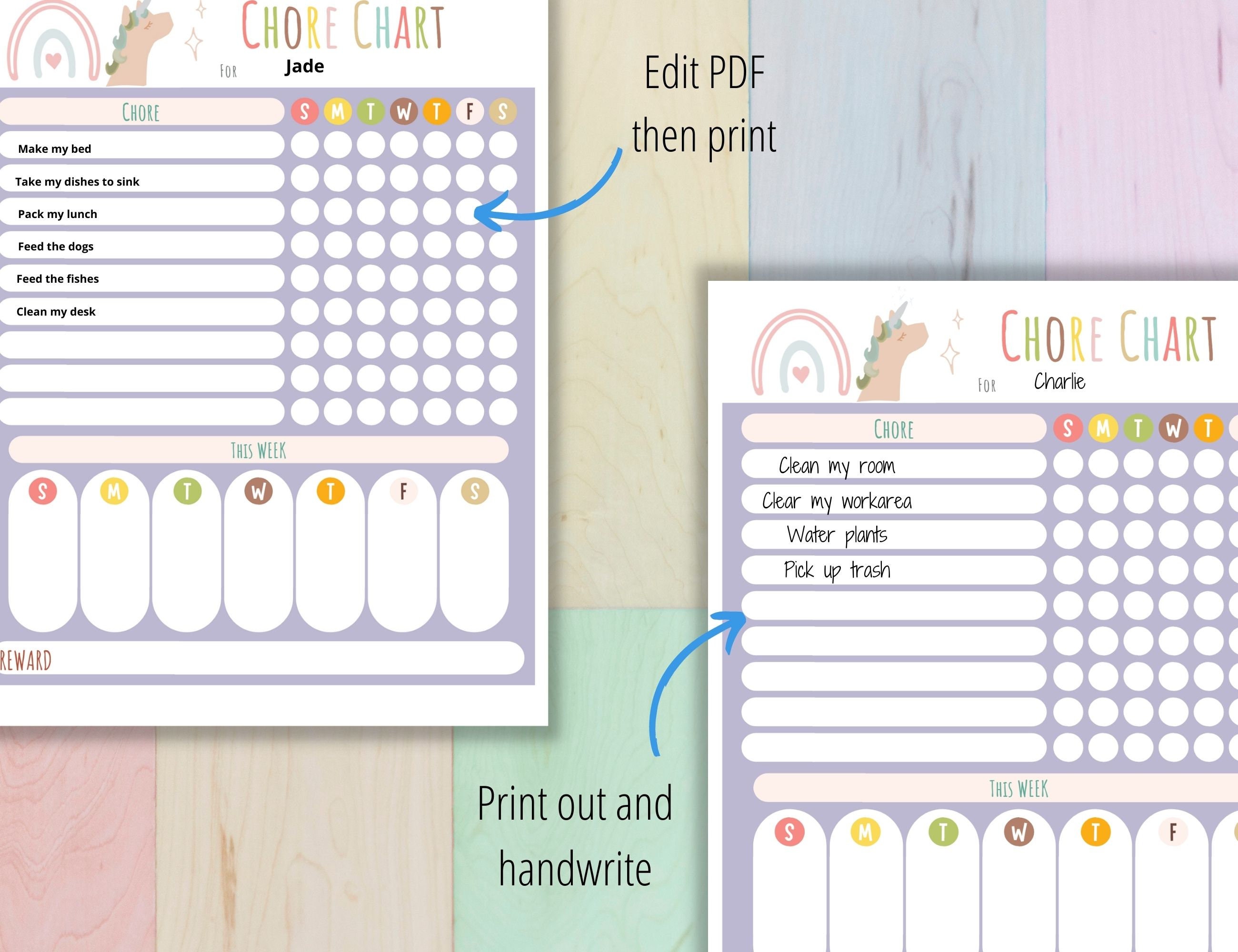 Printable Unicorn Chore Chart, Kids Editable Responsibility Chart ...
