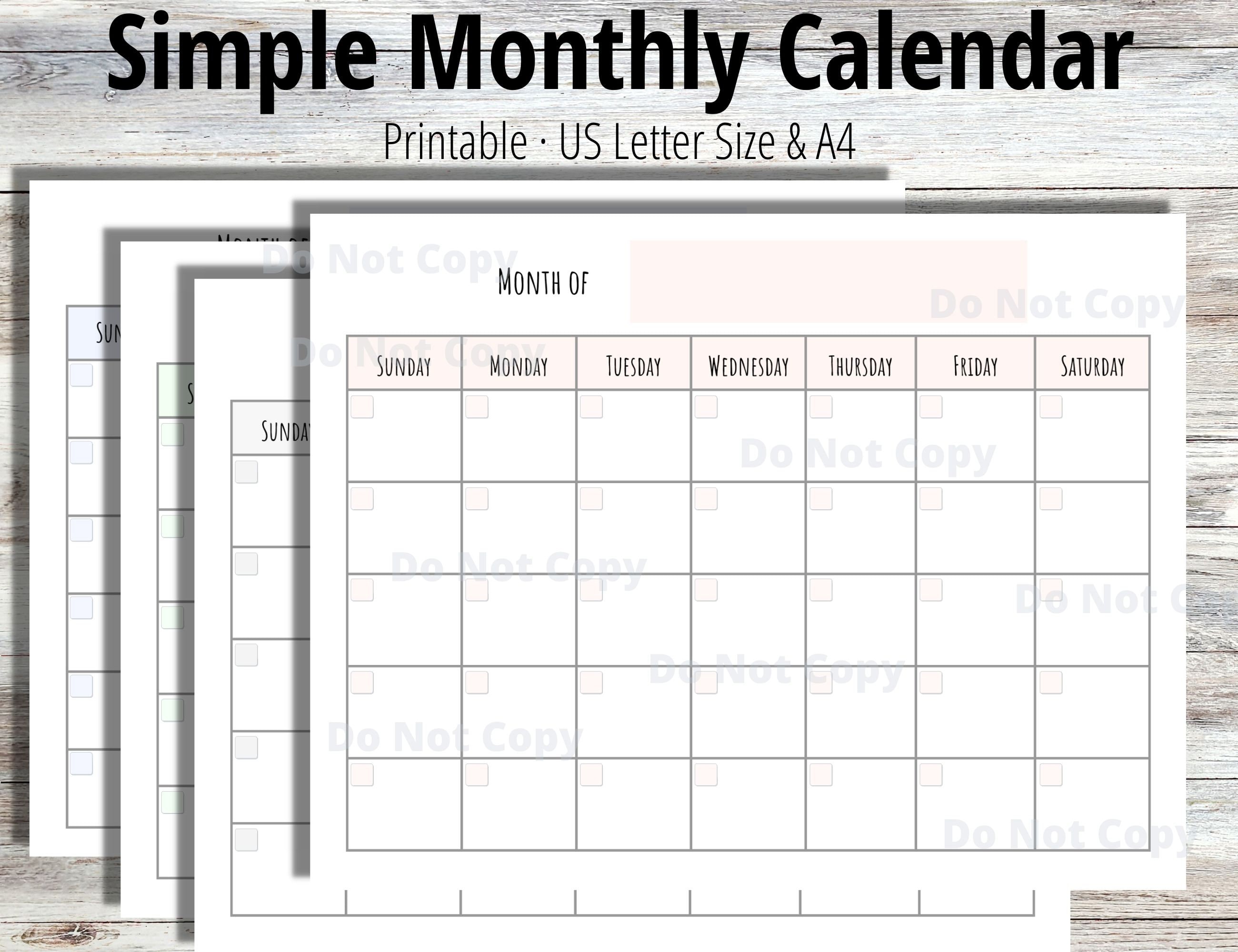 Blank Monthly Calendar, Printable Simple Perpetual Calendar, Sunday and ...
