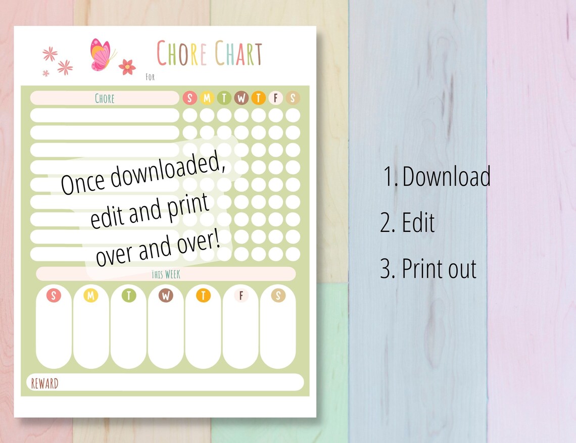 Chore Chart for Kids, Editable Printable Responsibility Chart for Girls ...