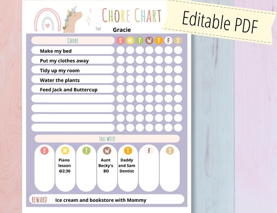Printable Unicorn Chore Chart Kids Editable Responsibility | Etsy