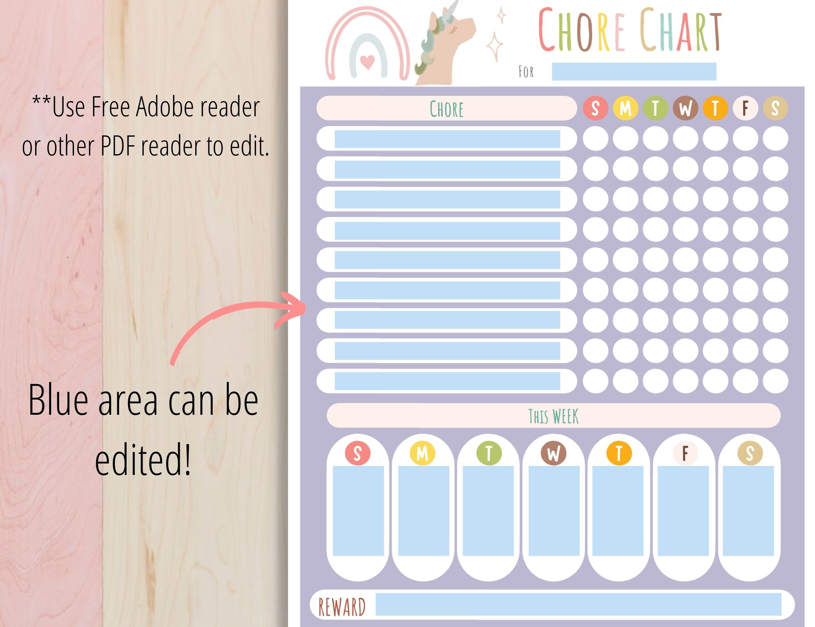 Printable Unicorn Chore Chart, Kids Editable Responsibility Chart ...