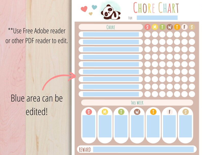 Chore Chart for Kids, Cute Responsibility Chart, Printable Editable ...