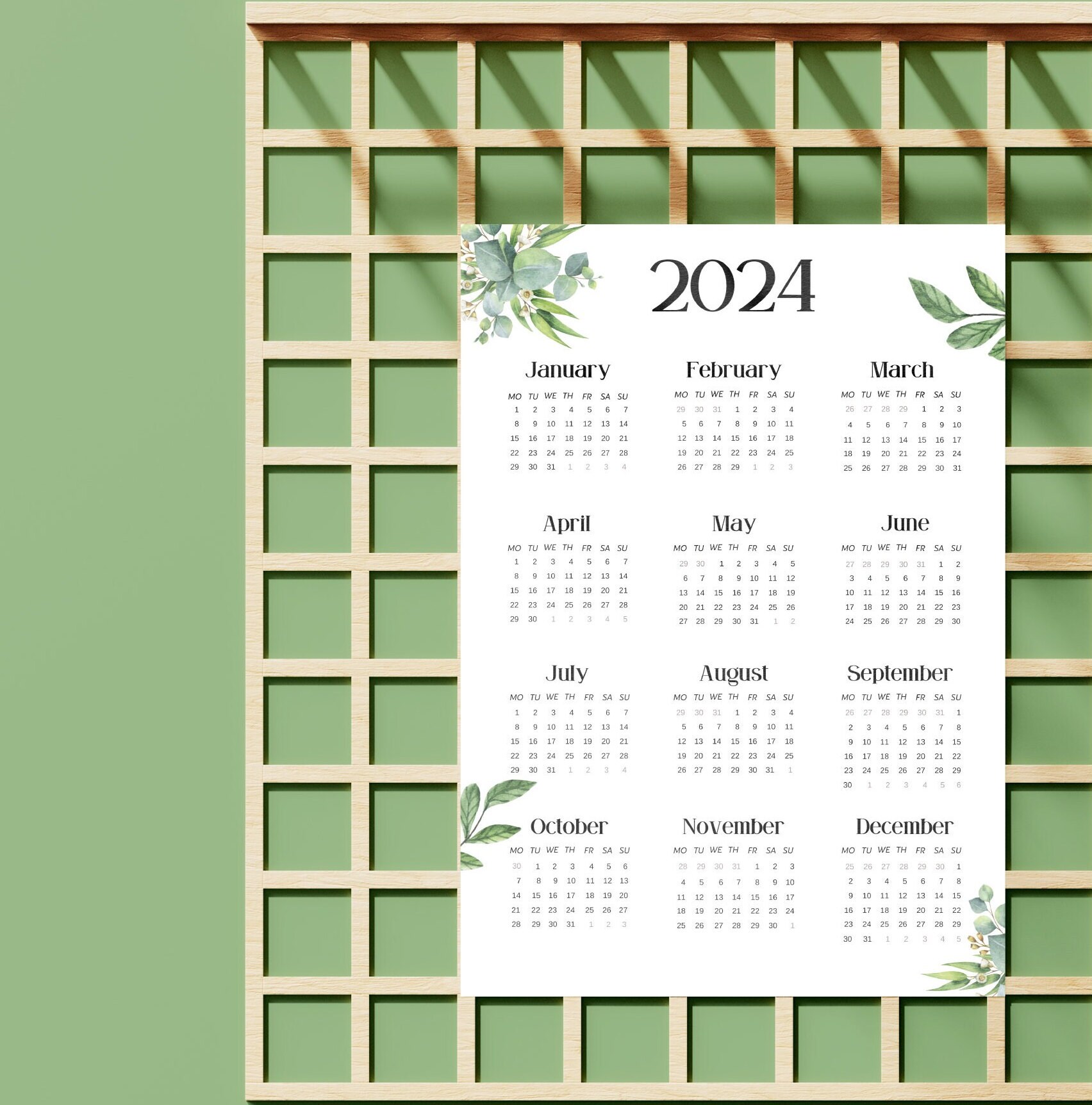 2024 Printable Yearly Calendar, Leaf Print Nature Inspired Design ...