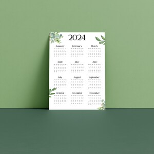 2024 Printable Yearly Calendar, Leaf Print Nature Inspired Design ...