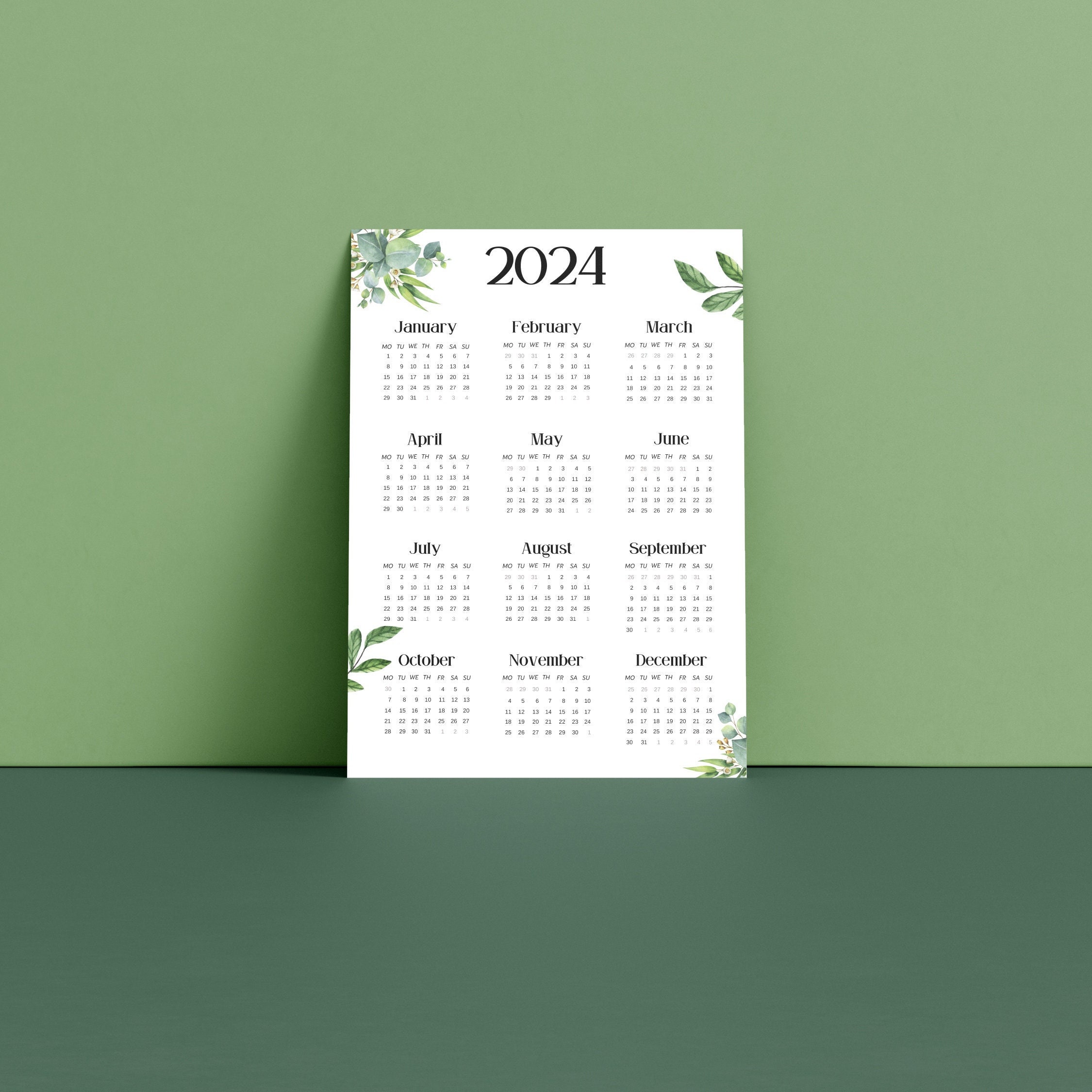 2024 Printable Yearly Calendar, Leaf Print Nature Inspired Design ...