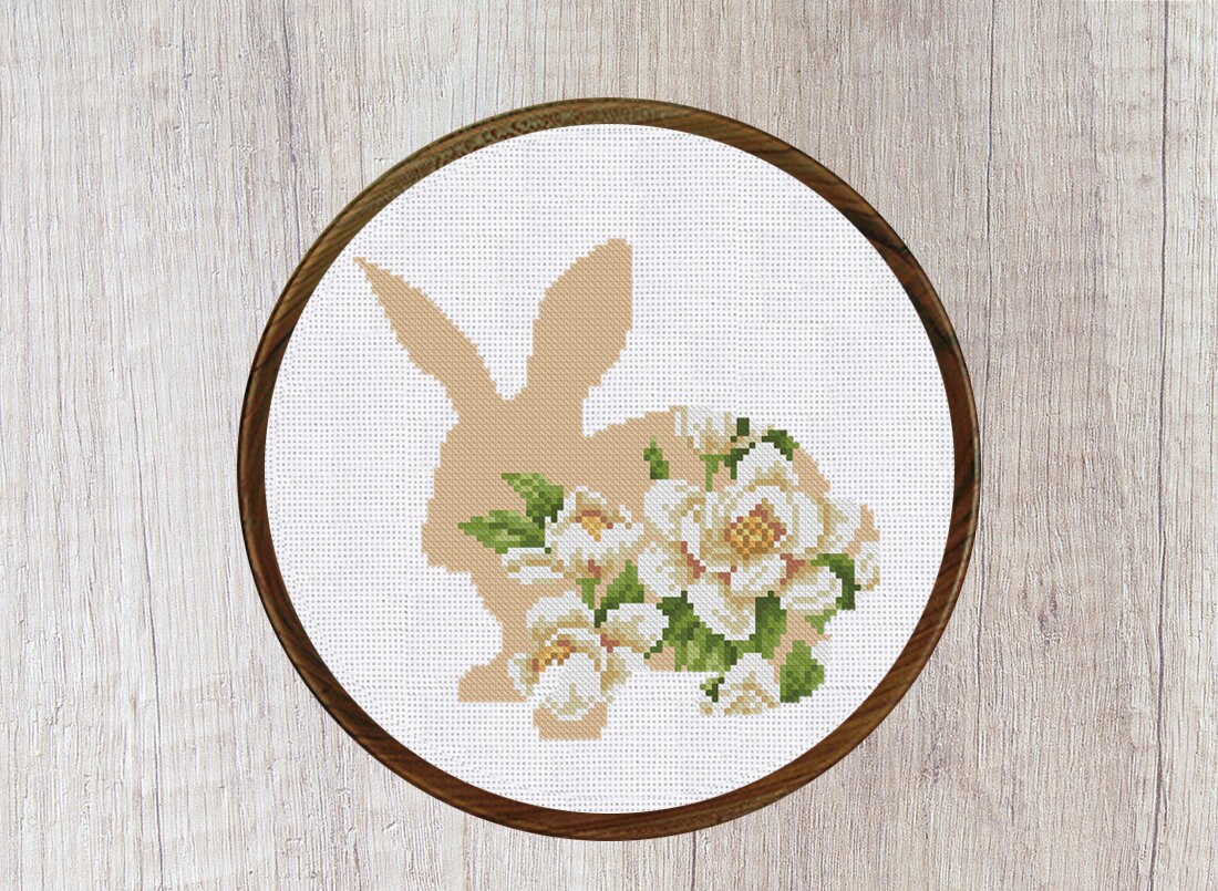 Cross Stitch Pattern Beige Hare With White Flowers Instant Download PDF ...
