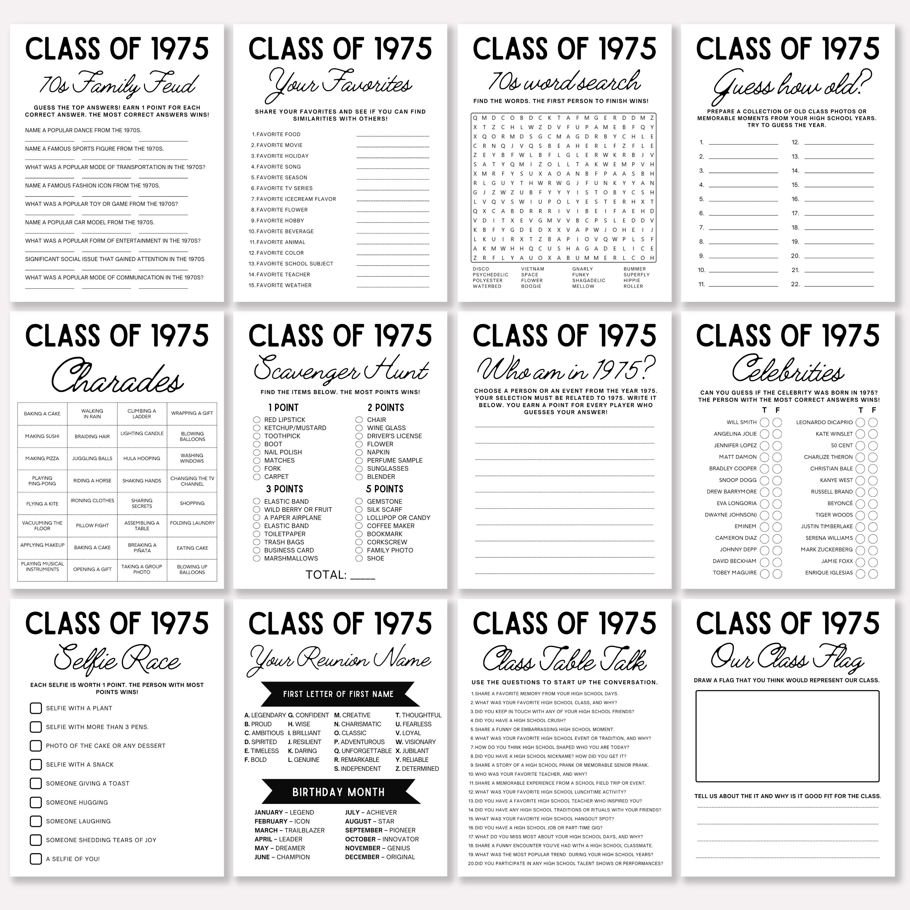Class of 1975 Bundle, 50th Class Reunion Printable, Class Reunion Games ...