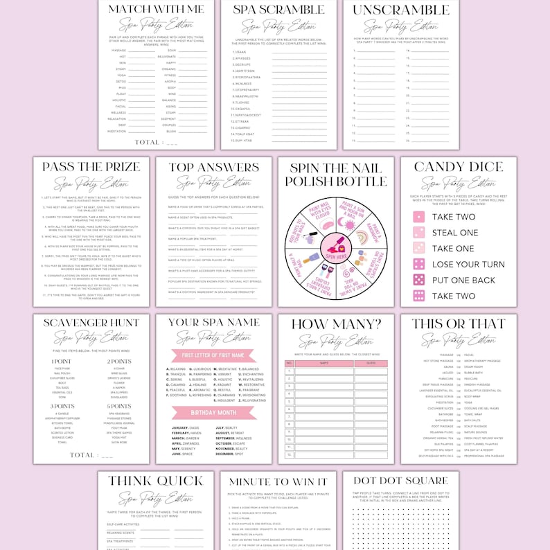 Spa Party Games Bundle: 30 Printable Sleepover Activities (editable ...