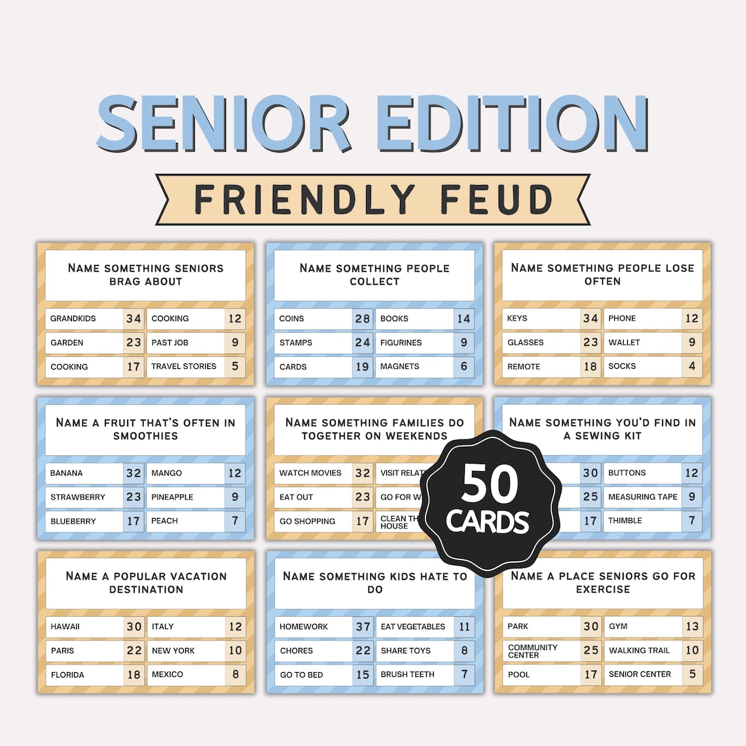 Senior Friendly Feud: 50 Printable Cards, Senior Games, Senior Memory ...