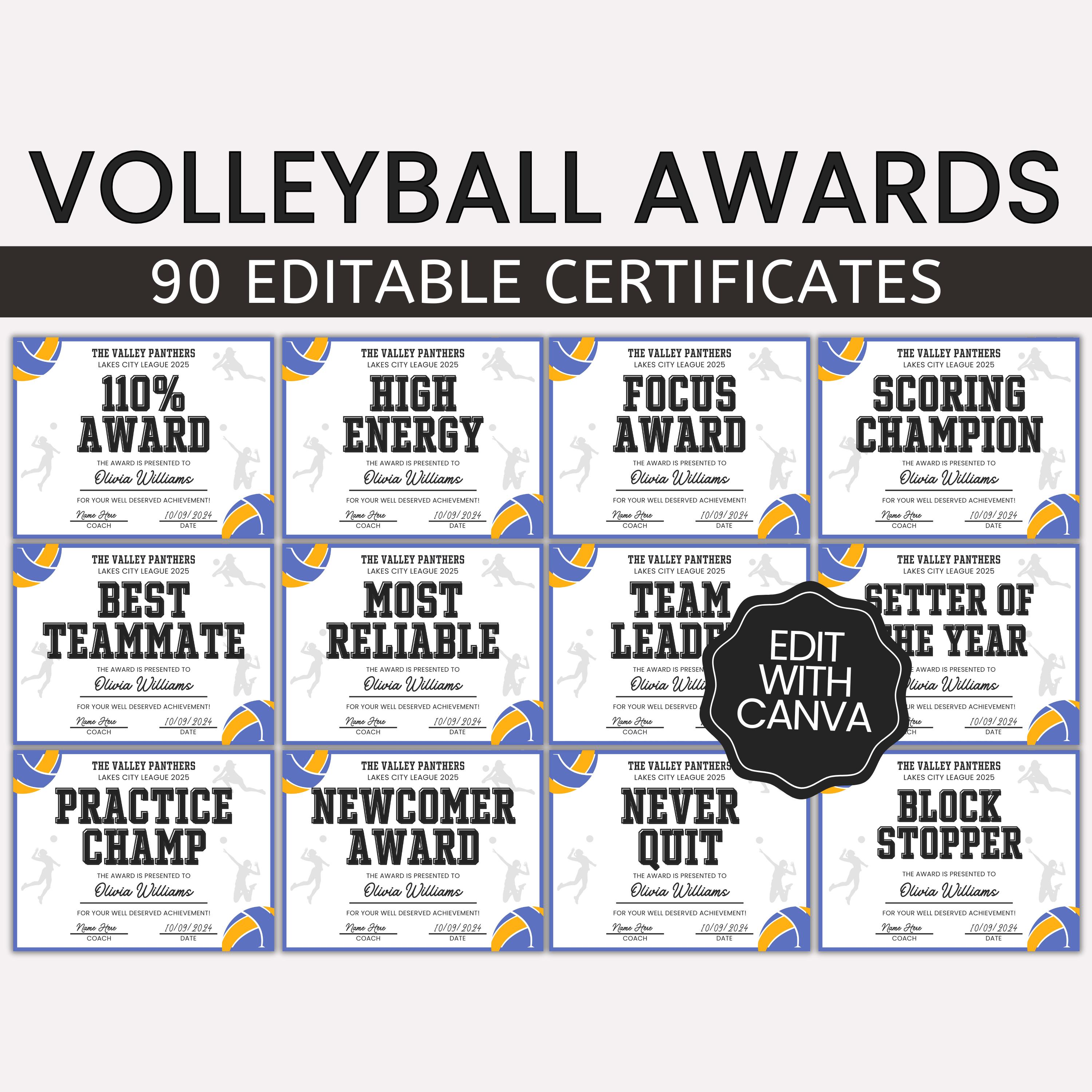 Volleyball Coaching Award Certificate Editable Volleyball Award