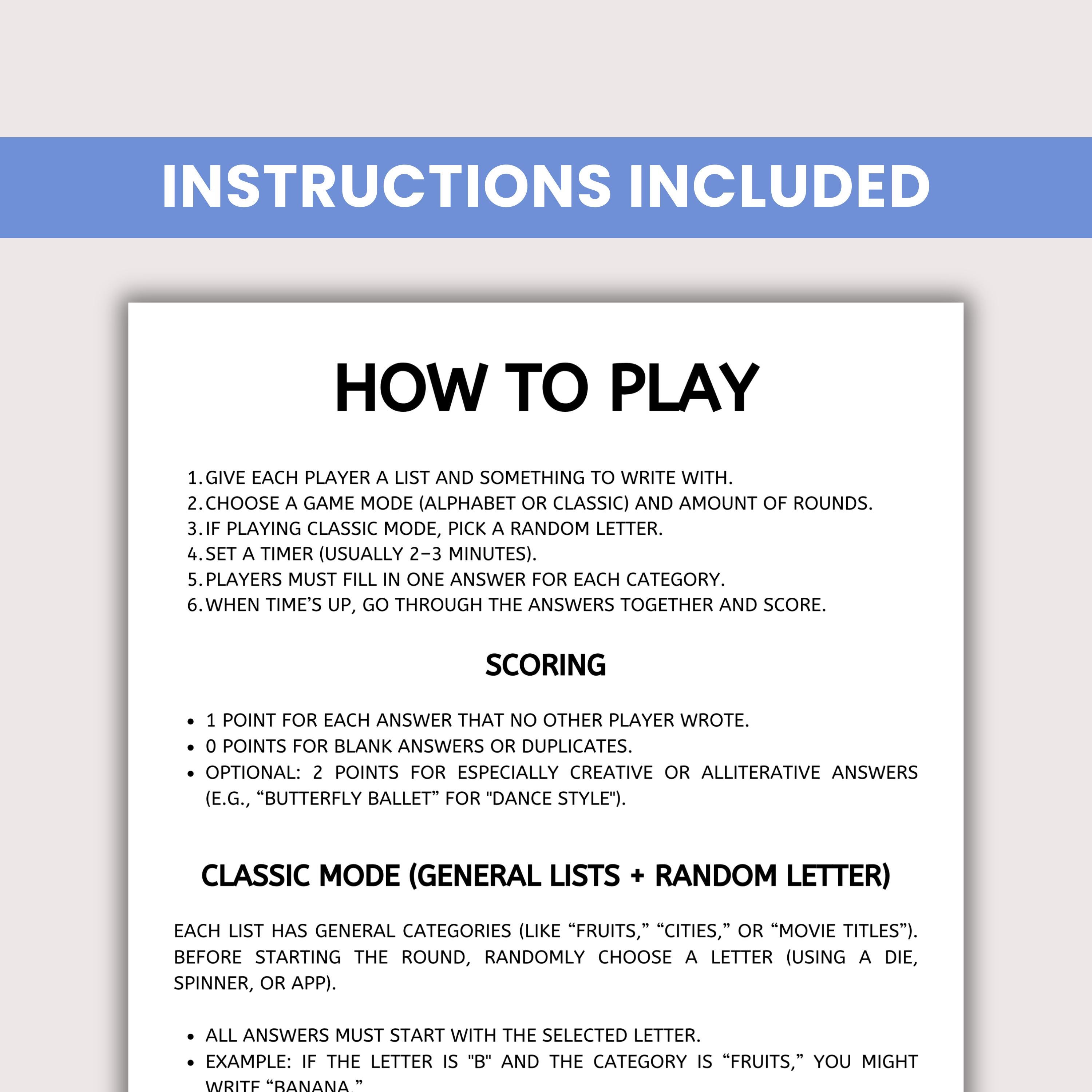 Scattergories Game, Scattergories Score Sheets, Game for Seniors ...
