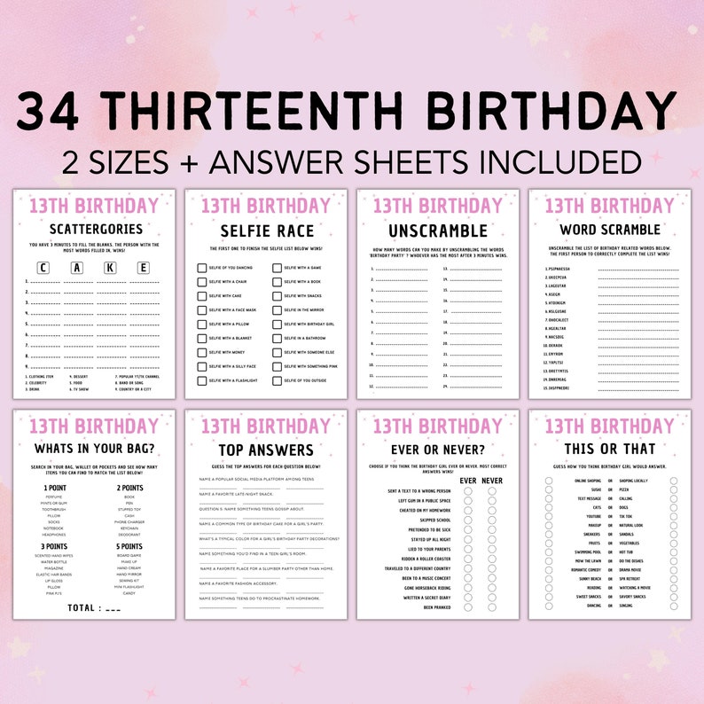 Editable 13th Birthday Games, 13th Birthday Bundle, Teen Girl Party ...