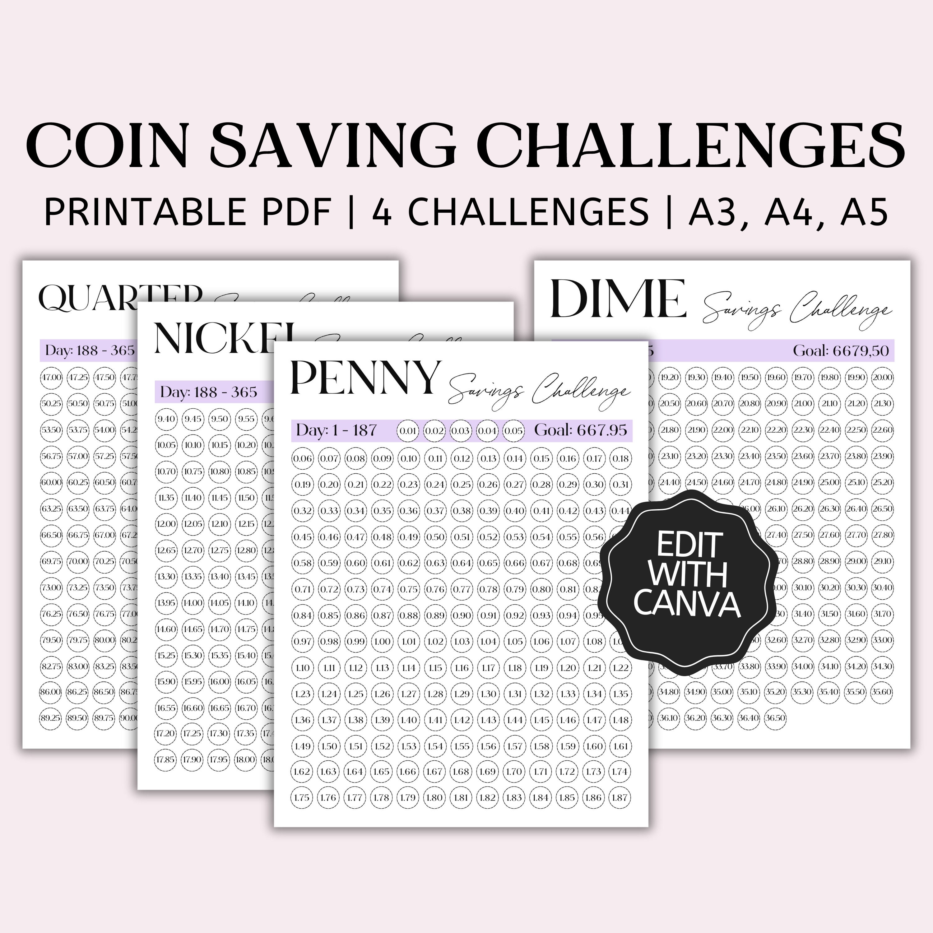 Coin Savings Challenge Bundle: Penny, Nickel, Dime, Quarter (PDF) - Etsy