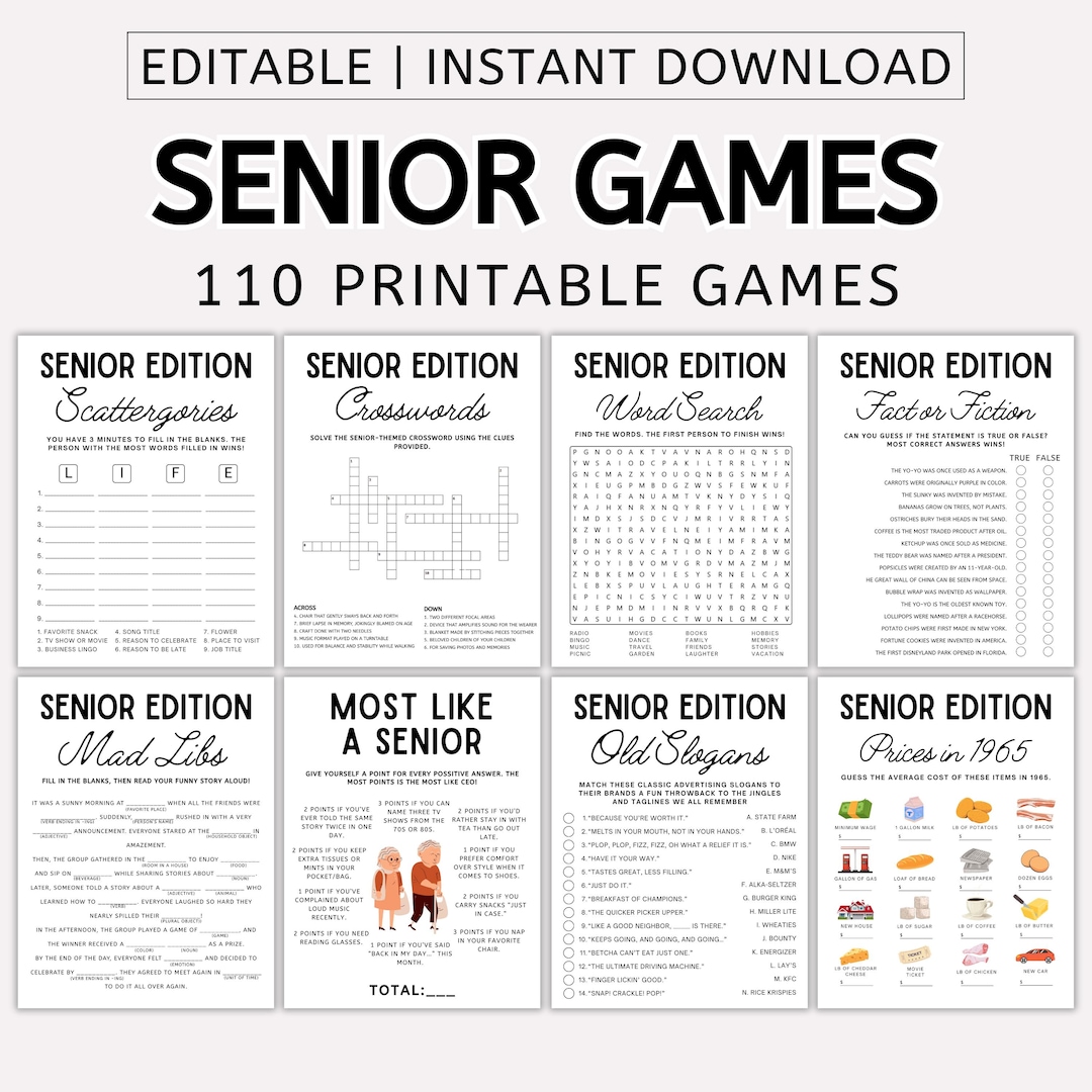 Editable Senior Games Bundle: 110 Printable Games, Senior Slogans ...