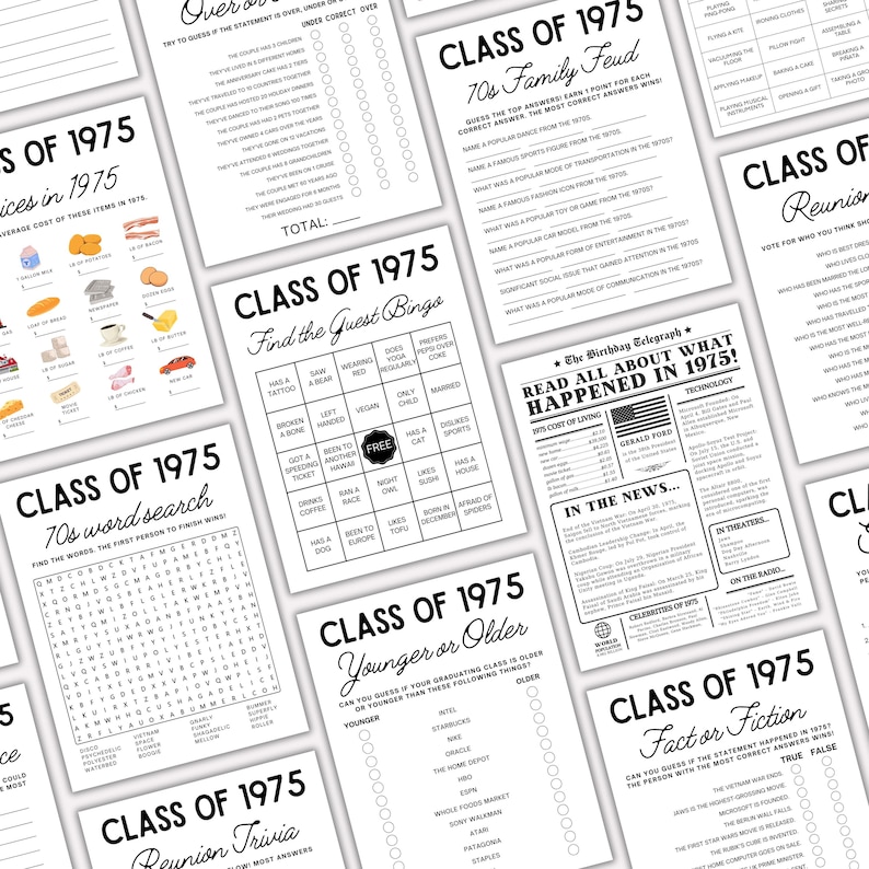 Class of 1975 Bundle, 50th Class Reunion Printable, Class Reunion Games ...