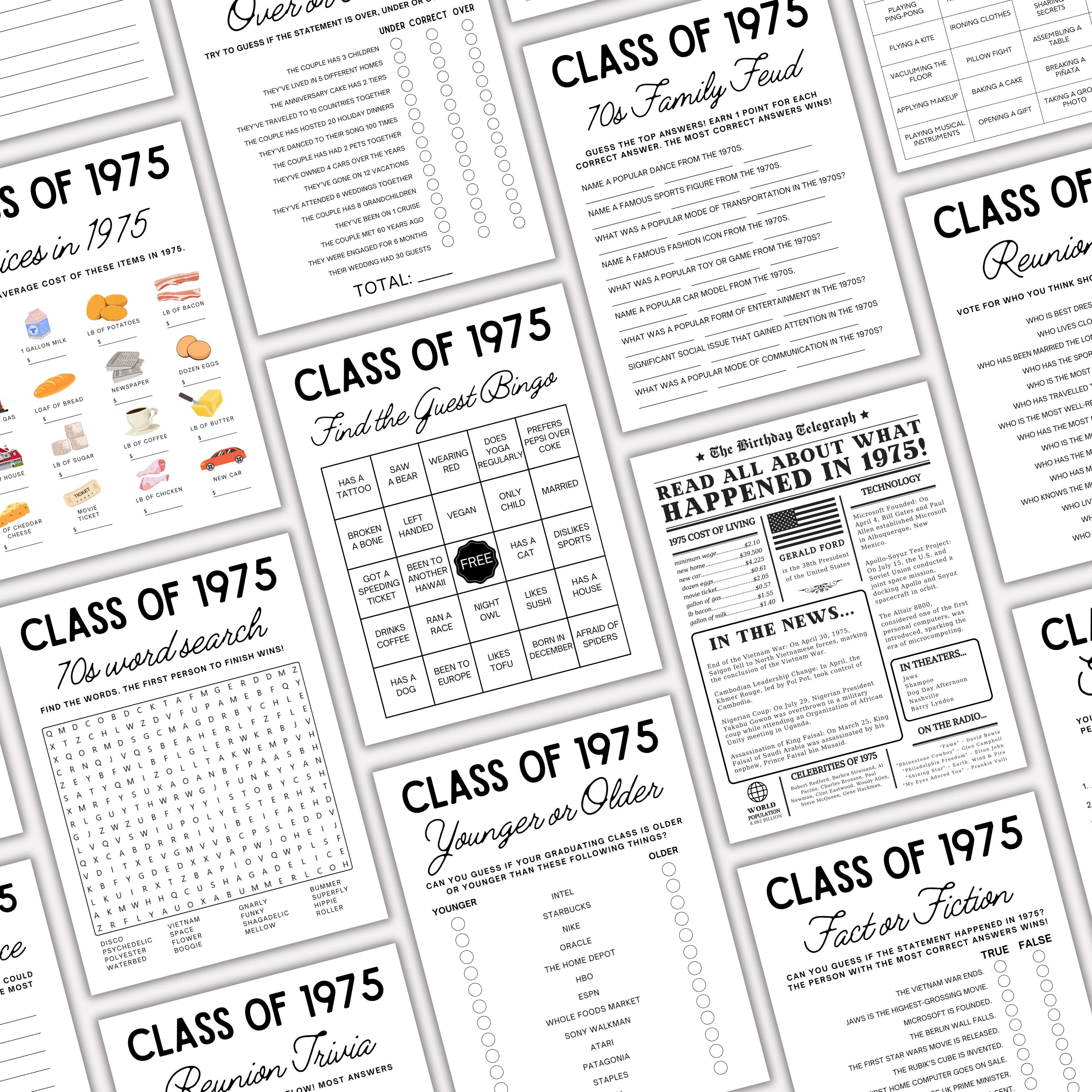 Class of 1975 Bundle, 50th Class Reunion Printable, Class Reunion Games ...