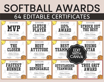 End of Season Softball Award, Editable Softball Award Certificates ...