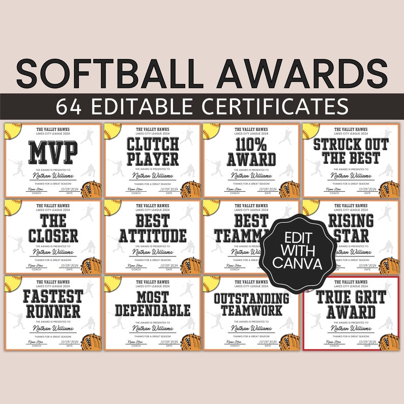 Editable Softball Award Certificates, Softball Team Awards, End of ...