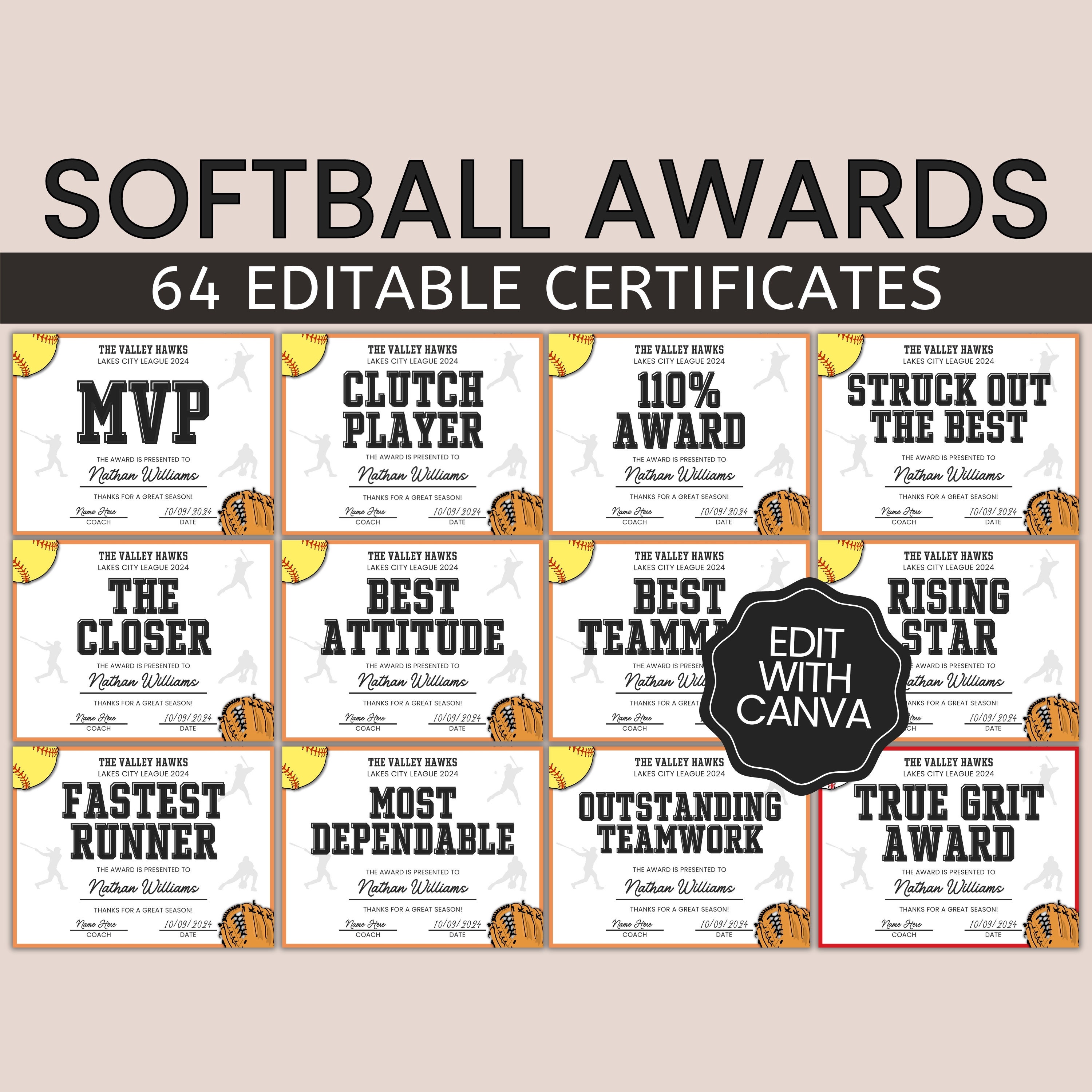 Editable Softball Award Certificates, Softball Team Awards, End of ...
