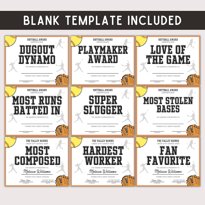 175 Editable Softball Award Certificates, Softball Team Awards, End of ...