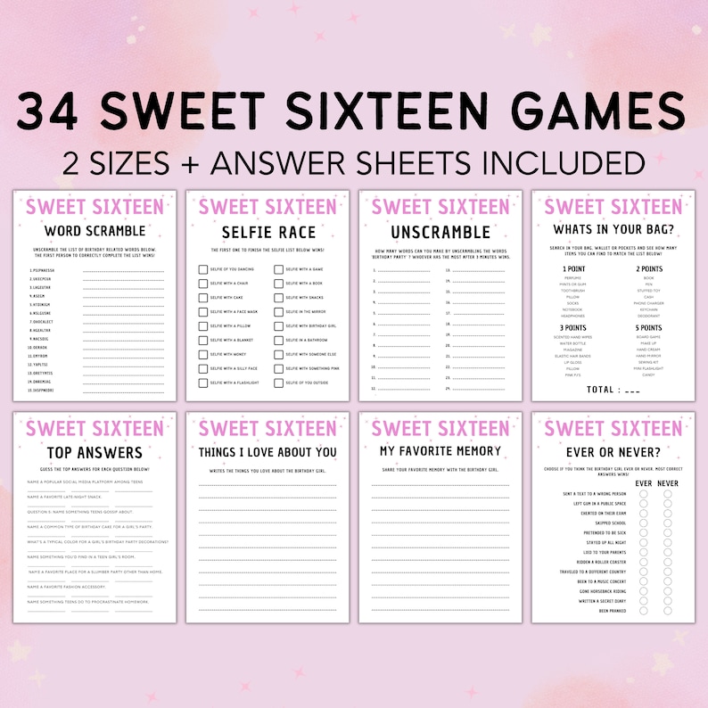 Editable Sweet Sixteen Birthday, 16th Birthday Games, 16th Birthday ...
