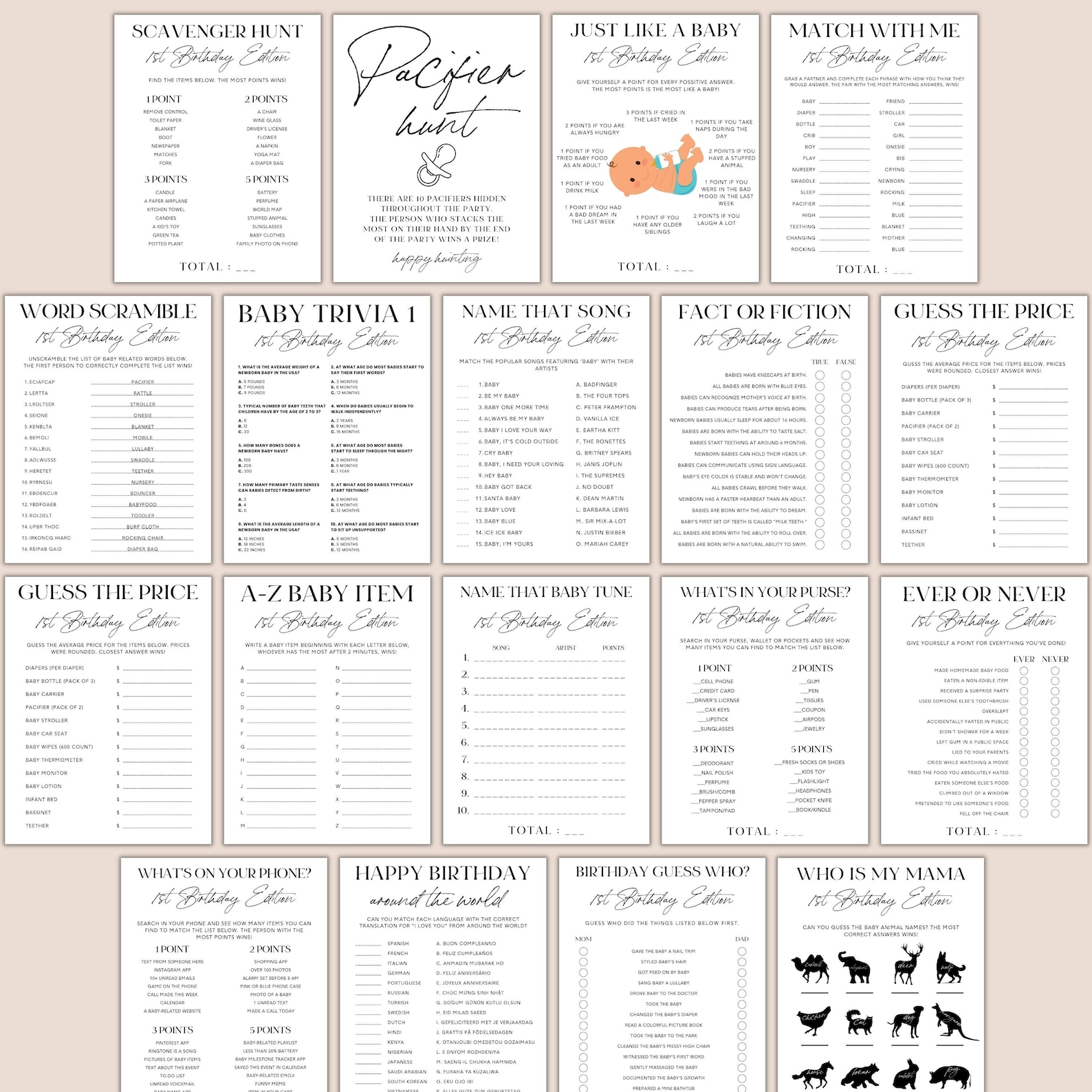 Editable First Birthday Games Bundle: 32 Party Games (canva) - Etsy