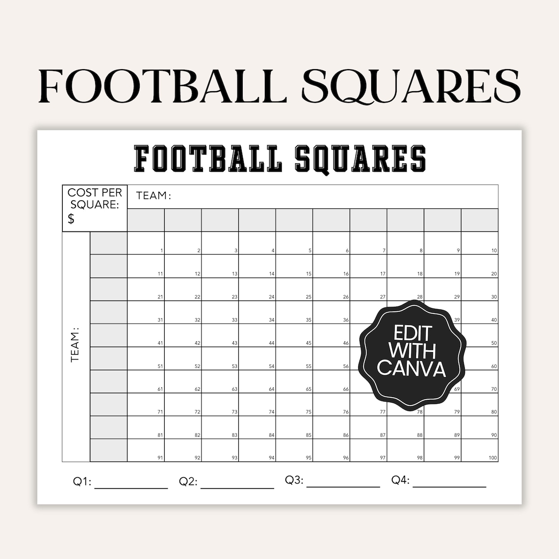 Editable Football Squares, 100 Square Football Grid, Football ...