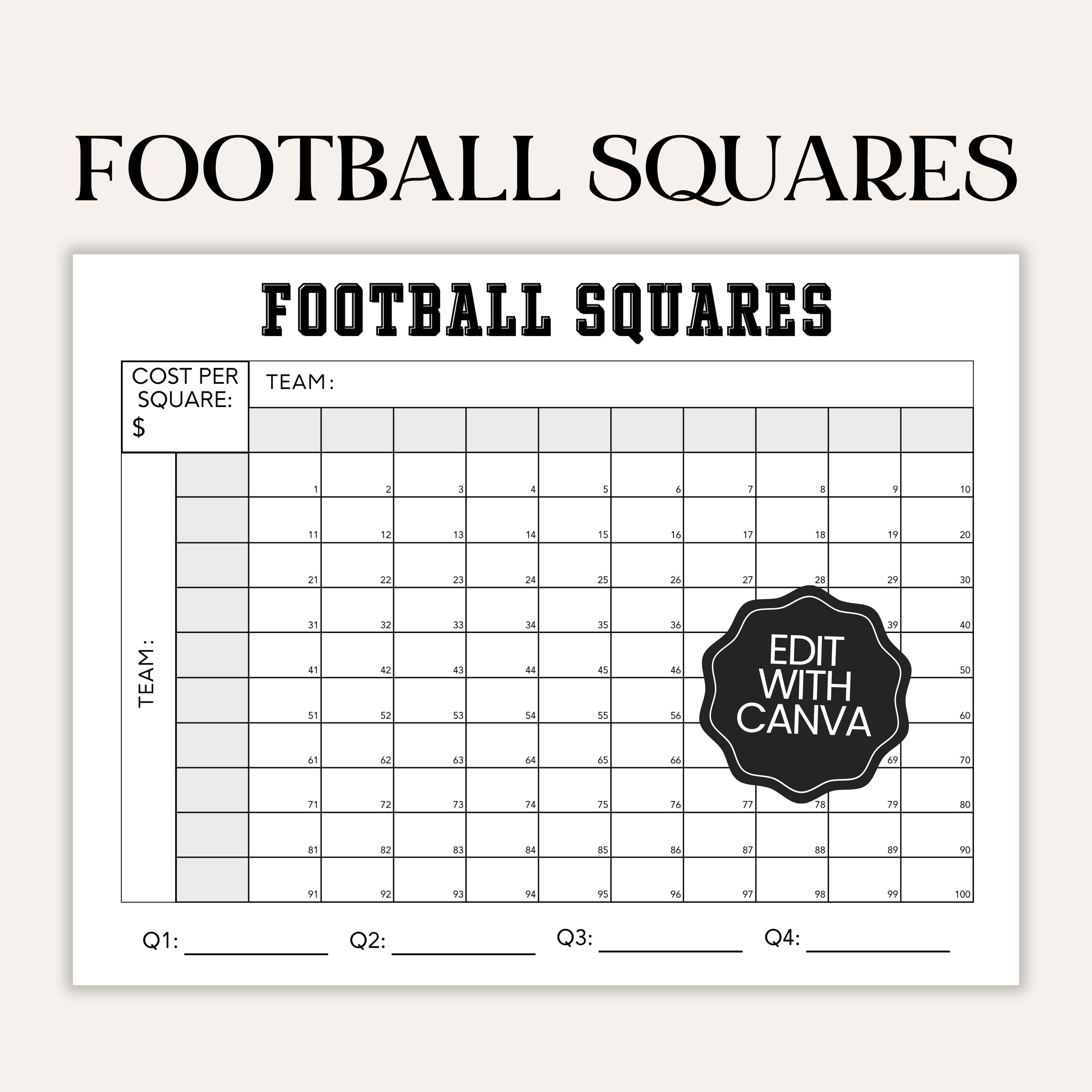 Editable Football Squares, 100 Square Football Grid, Football ...