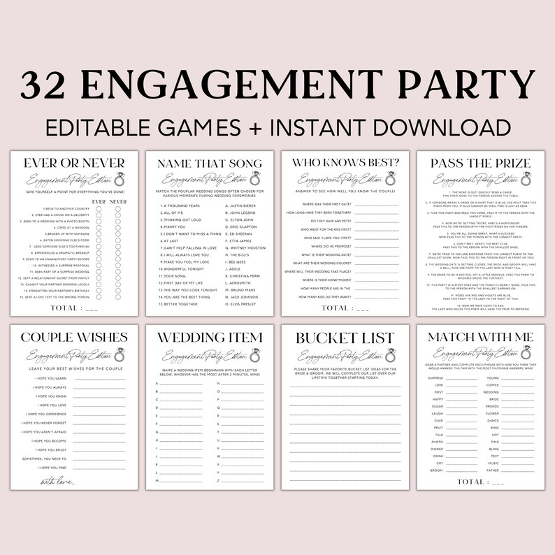 32 Engagement Party Games Bundle: Printable Couples Games (canva ...