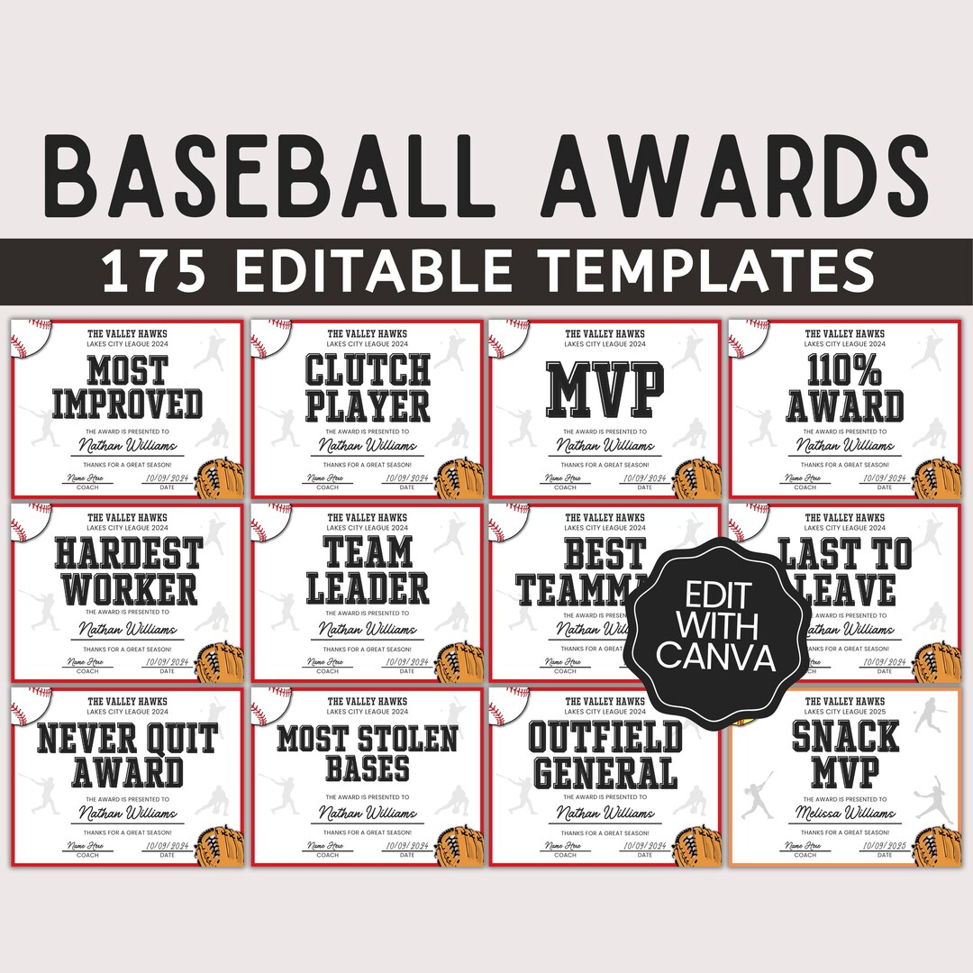 175 Editable Baseball Award Certificates, Baseball Team Awards, End of ...