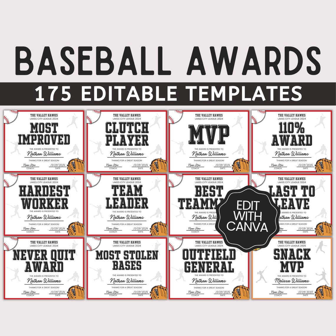 175 Editable Baseball Award Certificates, Baseball Team Awards, End of ...