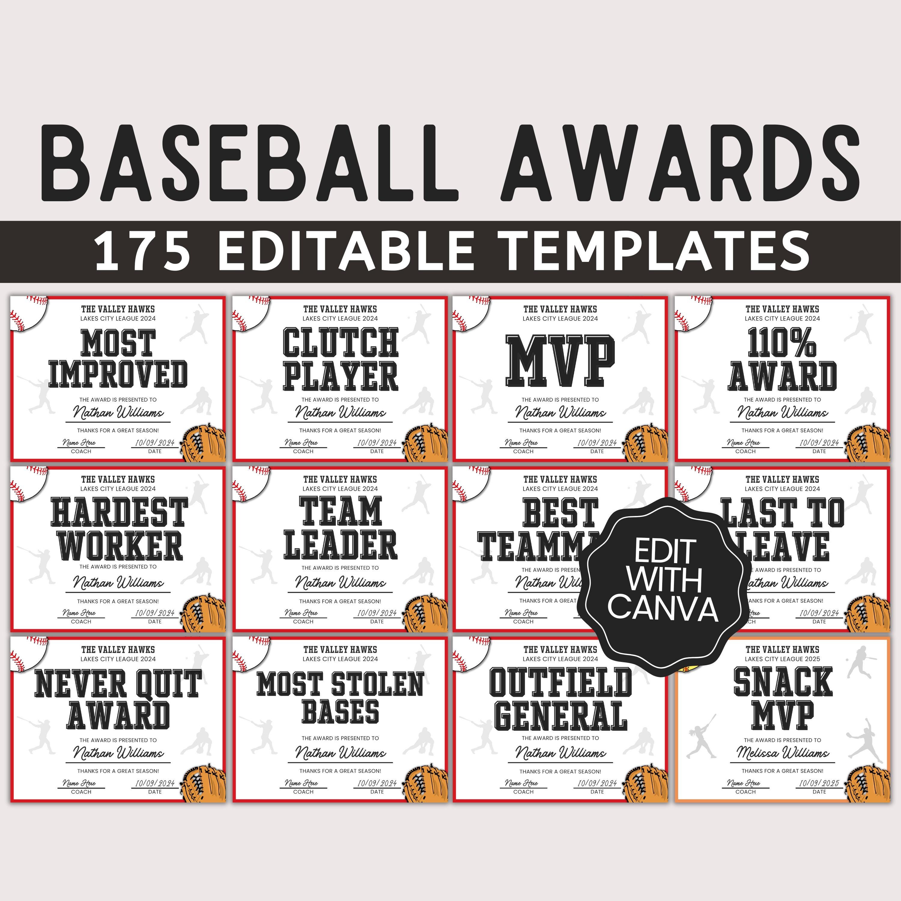 175 Editable Baseball Award Certificates, Baseball Team Awards, End of ...