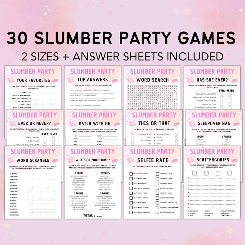 Editable Slumber Party Games Bundle: Sleepover Activities (canva) - Etsy