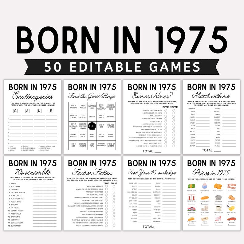 50th Birthday Party Games Bundle, Born in 1975, 1975 Birthday Games ...